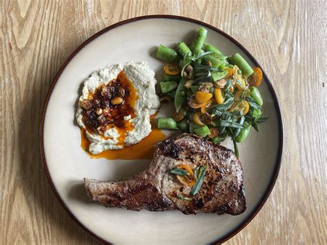 Homemade Dry Brined Pork Chop Babaganoush With Homemade Chili Oil