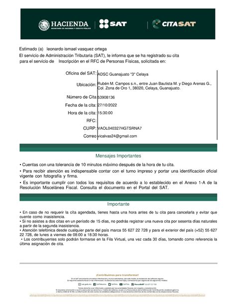 Acuse Cita apuntes Inscripción en el RFC de Personas Físicas