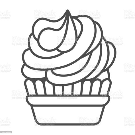 휘핑 크림 프로스팅 생일 케이크 얇은 라인 아이콘 페이스트리 컨셉 흰색 배경에 머핀 벡터 사인 모바일 컨셉 및 웹 디자인을위한 윤곽 스타일 아이콘이있는 컵 케이크 벡터