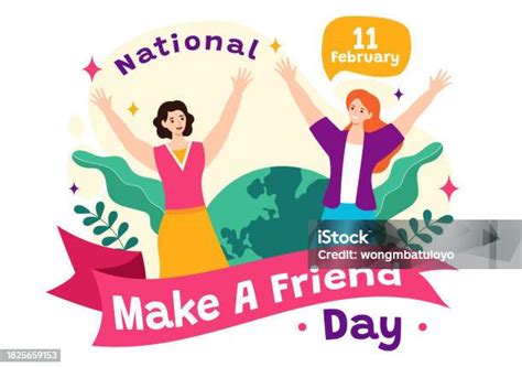 전국 친구 만들기 데이 벡터 일러스트 레이 션 2 월 11 일에 관찰 평면 만화 배경 디자인에서 누군가와 새로운 우정을 만나기 위해 가족에 대한 스톡 벡터 아트 및 기타