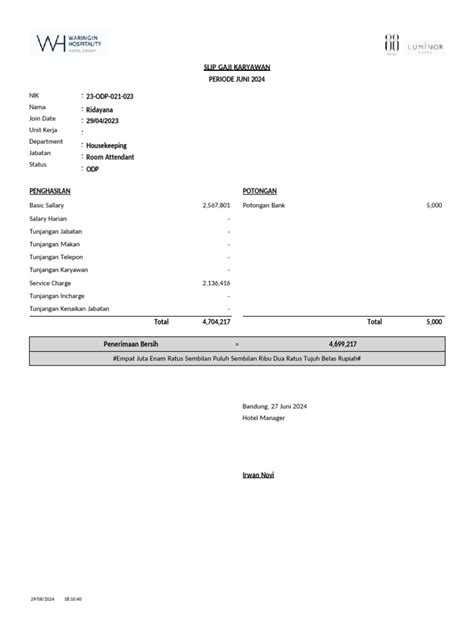 Hotel 88 Alun Salary Slip June 2024 Hk Rina Mega Utami Pdf