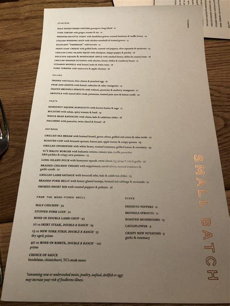 menu at small batch pub and bar garden city