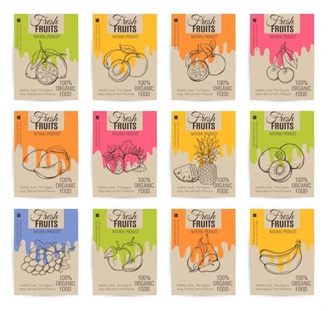 손으로 그린 과일 포스터 세트 프리미엄 벡터 Ide Kemasan Ilustrasi Vintage Kemasan Desain