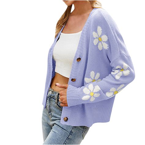 Jsaierl Cardigan Sweaters For Women Long Sleeve Daisy Printed Button