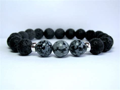 Mens Snowflake Obsidian Bracelet Mens Beaded Bracelet Gemstone