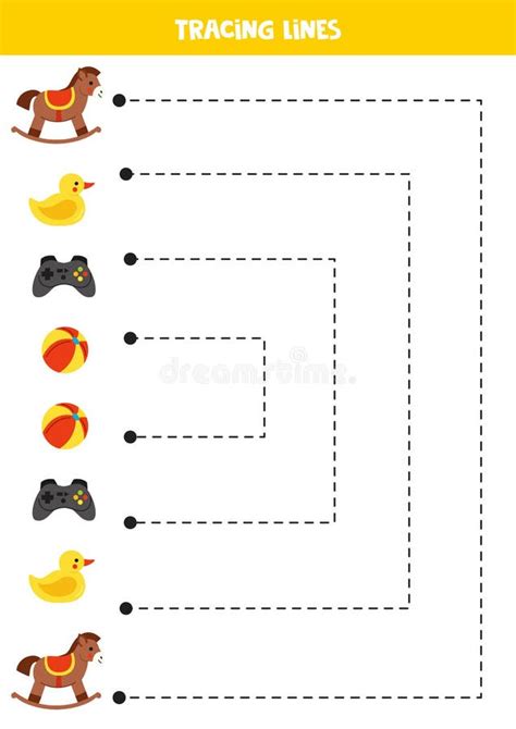 Tracing Lines With Cute Cartoon Toys Writing Practice Stock