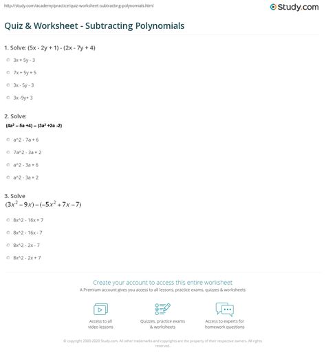 Quiz And Worksheet Subtracting Polynomials