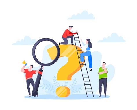 작은 인물이 있는 Q 및 A 또는 Faq 개념 큰 물음표 자주 묻는 질문 프리미엄 벡터