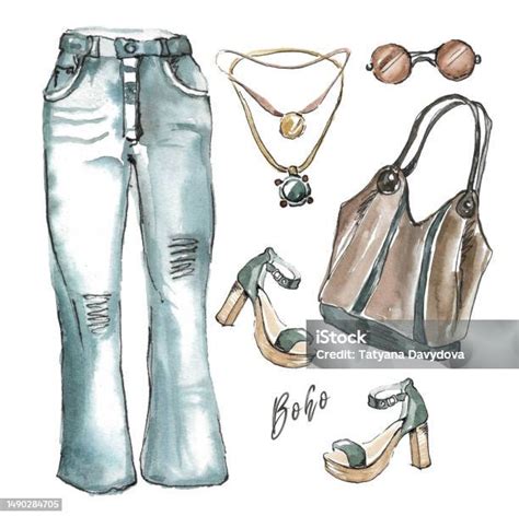 보헤미안 스타일의 스타일리시한 여성 룩을 위한 의상과 액세서리 세트 수채화에 대한 스톡 벡터 아트 및 기타 이미지 수채화 여자 유행하는 Istock