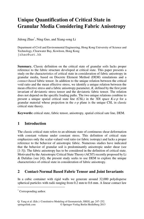 Pdf Unique Quantification Of Critical State In Granular Media Considering Fabric Anisotropy