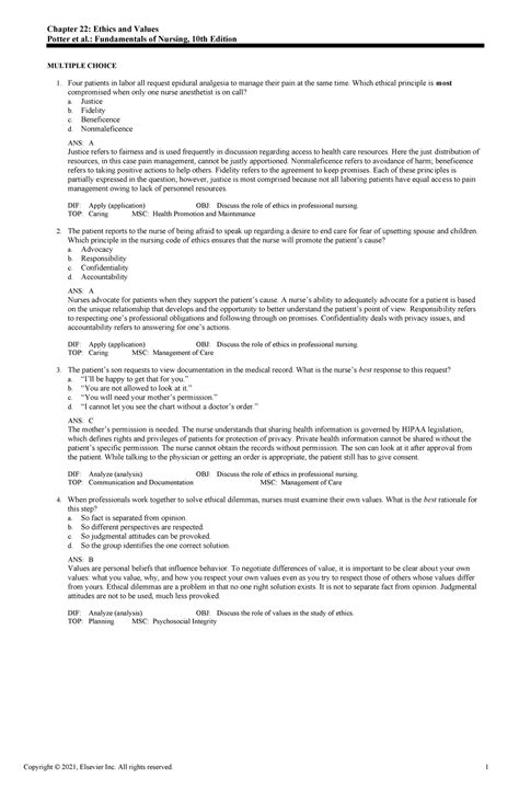 Exam View Chapter 22 Chapter 22 Ethics And Values Potter Et Al