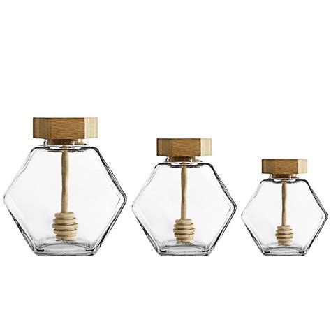 Empty Hexagon Bee Shaped Honey Jar With Dipper Wood Lid Packaging Box