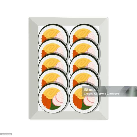 김밥 한국 김밥 롤은 플랫 디테일 스타일입니다 고립 된 벡터 아시아 음식 김밥 그림 0명에 대한 스톡 벡터 아트 및 기타 이미지