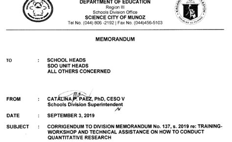 Corrigendum To Division Memorandum No 137 S 2019 Re Training Workshop And Technical