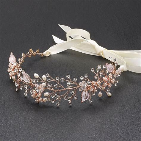 Mariell Rose Gold Freshwater Pearl And Crystal Bridal Hair Vine Ribbon