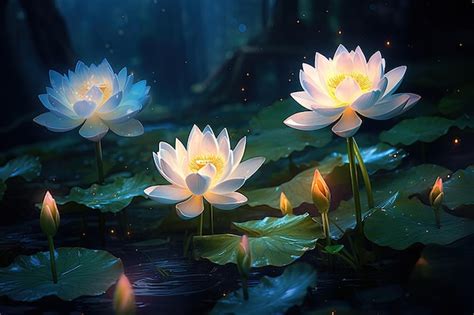 De Belles Fleurs De Lotus Fleurissent Dans Létang La Nuit Fleurs De