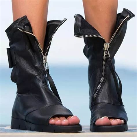 Faux Leather Open Toe Flat Booties Zip Up Ankle Boots Royaluckshoes