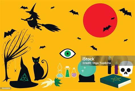 마녀 공예 키트 구성 된 Spellbook 맨 드 레이크 매직 볼 뾰족한 모자 검은 고양이 빗자루 마법사 실루엣 박쥐 거미 촛불