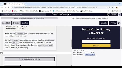 learn recursion by building a decimal to binary converter step 33