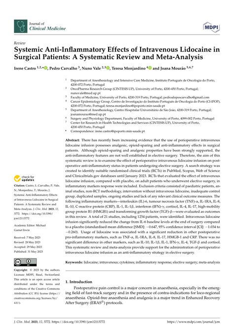 Pdf Systemic Anti Inflammatory Effects Of Intravenous Lidocaine In