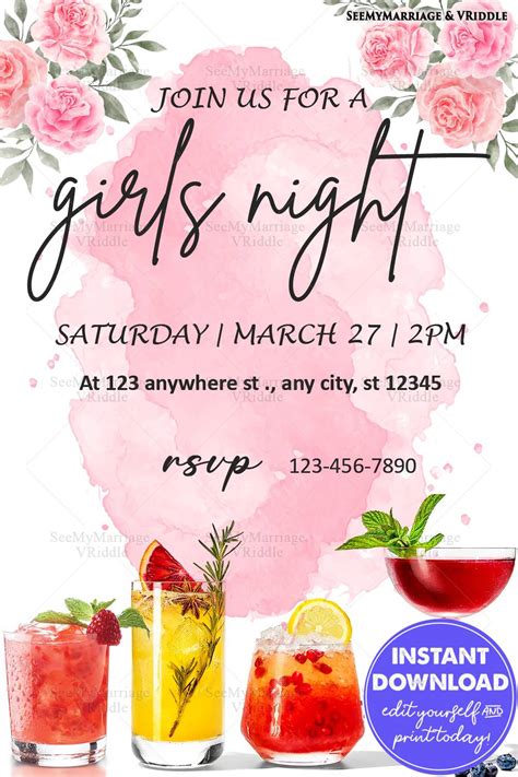 Chic Girls Night Invitation With Pink Roses And Cocktail Drinks
