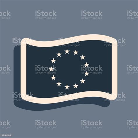 회색 배경에 격리 된 유럽 연합 아이콘의 검은 깃발입니다 Eu 원 기호입니다 Eu 국기를 흔드는 긴 그림자 스타일입니다 벡터