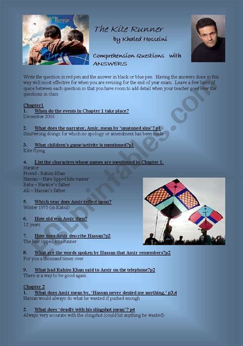 The Kite Runner 4 Pages Comprehension Questions With Answers