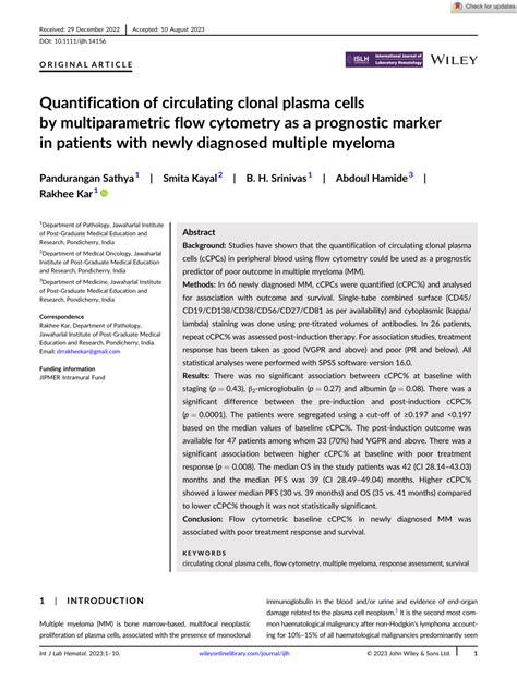 Pdf Quantification Of Circulating Clonal Plasma Cells By Multiparametric Flow Cytometry As A