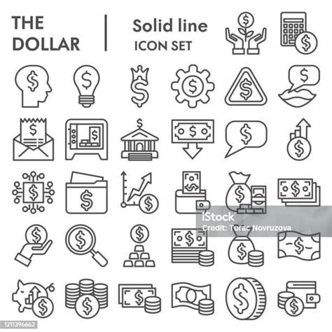 달러 라인 아이콘 설정입니다 돈 저축 표지판 컬렉션 스케치 로고 일러스트 레이션 웹 기호 흰색 배경에 격리 된 윤곽 스타일 Pictograms 패키지 벡터 그래픽 0명에