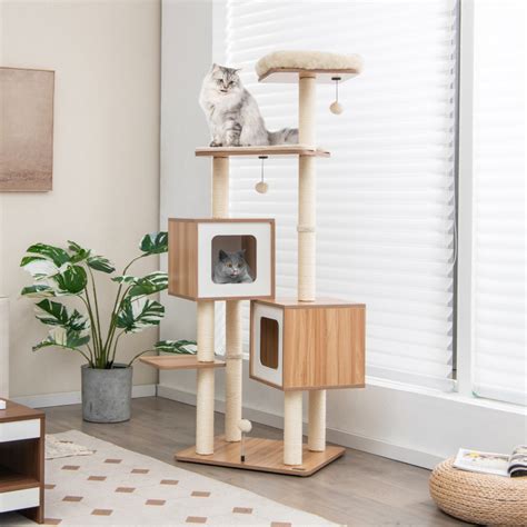 Modern Wooden Cat Tree With Perch Condos And Washable Cushions Costway