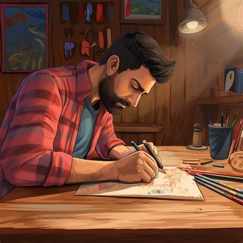 Dessin Dillustration Dun Homme Avec Un Crayon Dessinant Et Peignant