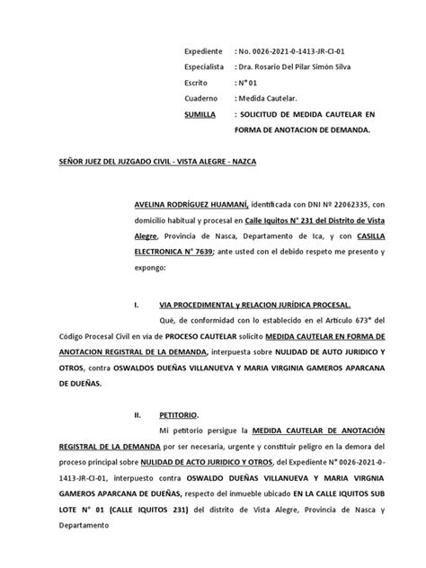 Medida Cautelar Anotacion De Demanda Avelina Rodriguez Huamani Pdf