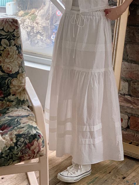 유리에 블루밍 레이스 롱 skirt 코튼스커트 리본 캉캉 여행룩 셔링 핀턱 밴딩 롱스커트 봄신상 여름신상 휴양지