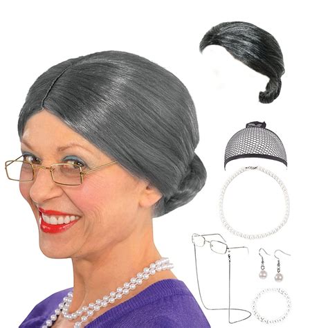 Creamily 7 Pcs Grey Granny Hat Wig Synthetic Wigs For Women Old Lady