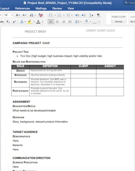Project Brief Template Word