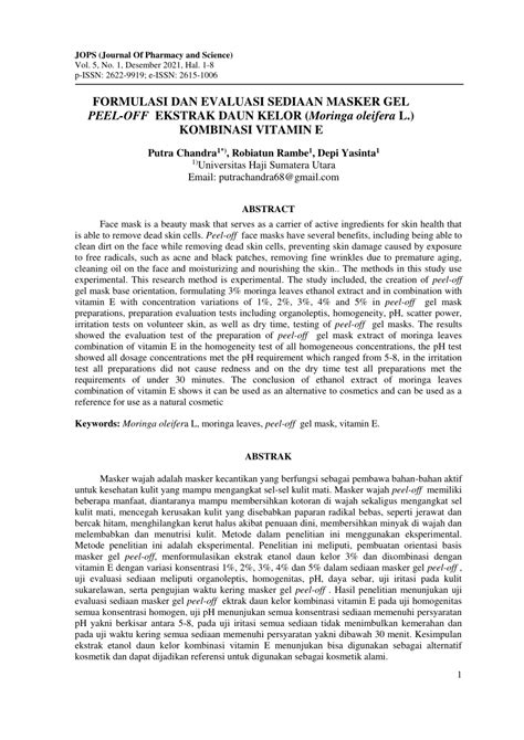 Pdf Formulasi Dan Evaluasi Sediaan Masker Gel Peel Off Ekstrak Daun