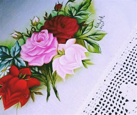 Pano de Prato Pintado a Mão crochê rosas Elo7
