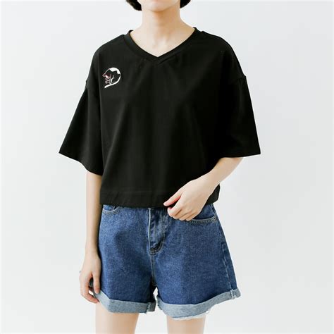 夏季黑色v领宽松t恤女短袖竹