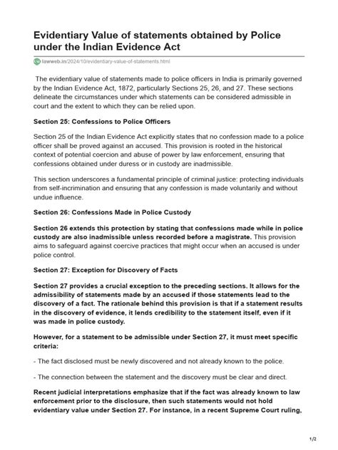 Lawweb In Evidentiary Value Of Statements Obtained By Police Under The Indian Evidence Act
