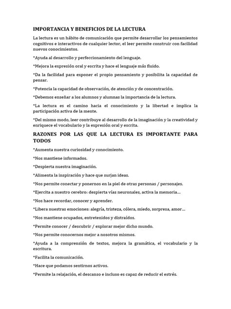 Importancia Y Beneficios De La Lectura Pdf