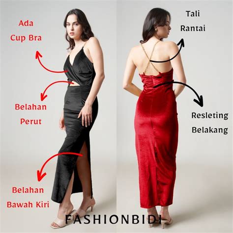 BIDI Mikki Long Dress Velvet V Neck Dress Maxi Tanpa Lengan Pendek