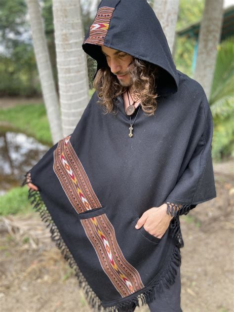 Bhava Hooded Wool Poncho For Men Black Handwoven Wool Hooded Poncho