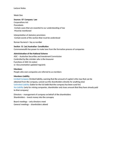Lecture Notes Lecture Notes Week One Sources Of Company Law