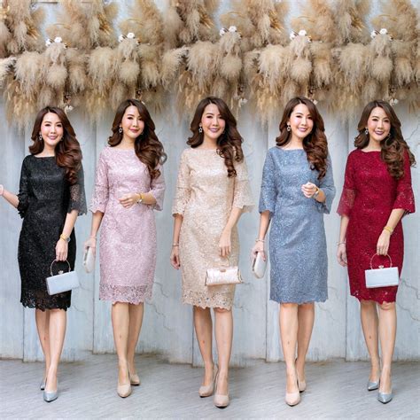 ชุดเดรสออกงานผ้าลูกไม้ปักผสมกริ้ตเตอร์ทรงปลายแขนกระดิ่ง สวมใส่ออกงาน มี Size M 5xl Shopee