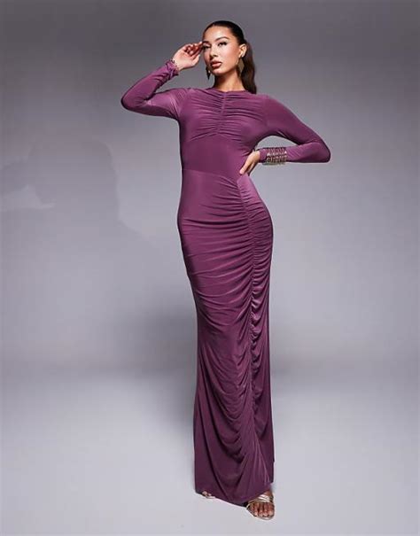 Asos Design Long Sleeve Seam Detail Maxi Dress With Ruching In Plum Asos