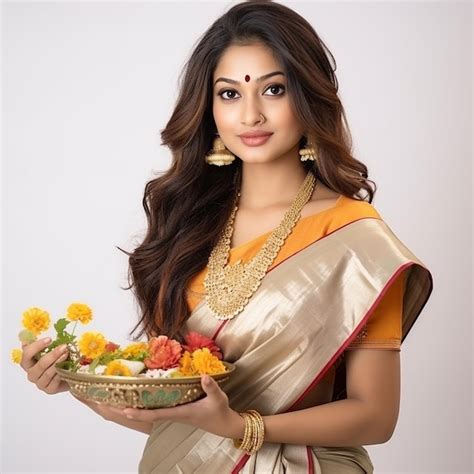 Premium Photo A Indian Beautiful Woman Hold Pooja Dish White Background