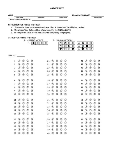 answer sheets for 60 items pdf