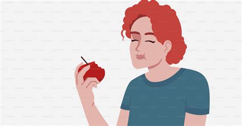 과일을 먹는 빨간 머리 소녀 세미 플랫 Rgb 컬러 벡터 그림 건강한 영양 비타민 다이어트 하얀 바탕에 신선한 사과 고립된 만화 캐릭터를 즐기는 젊은 백인 여성 벡터