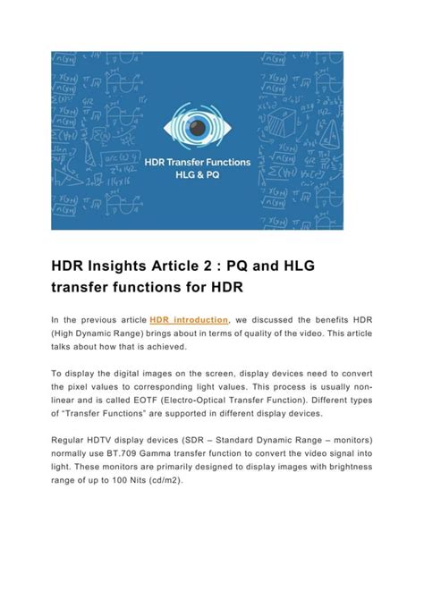 Hdr Insights Article 2 Pq And Hlg Transfer Functions For Hdr Pdf