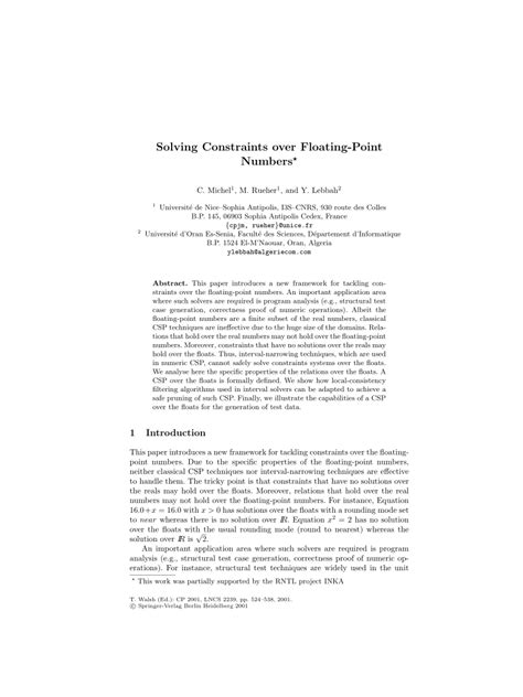 Pdf Solving Constraints Over Floating Point Numbers